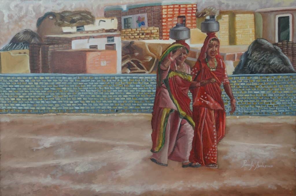 Fetching Water in Rajasthan - RamyaSadasivams Art Gallery